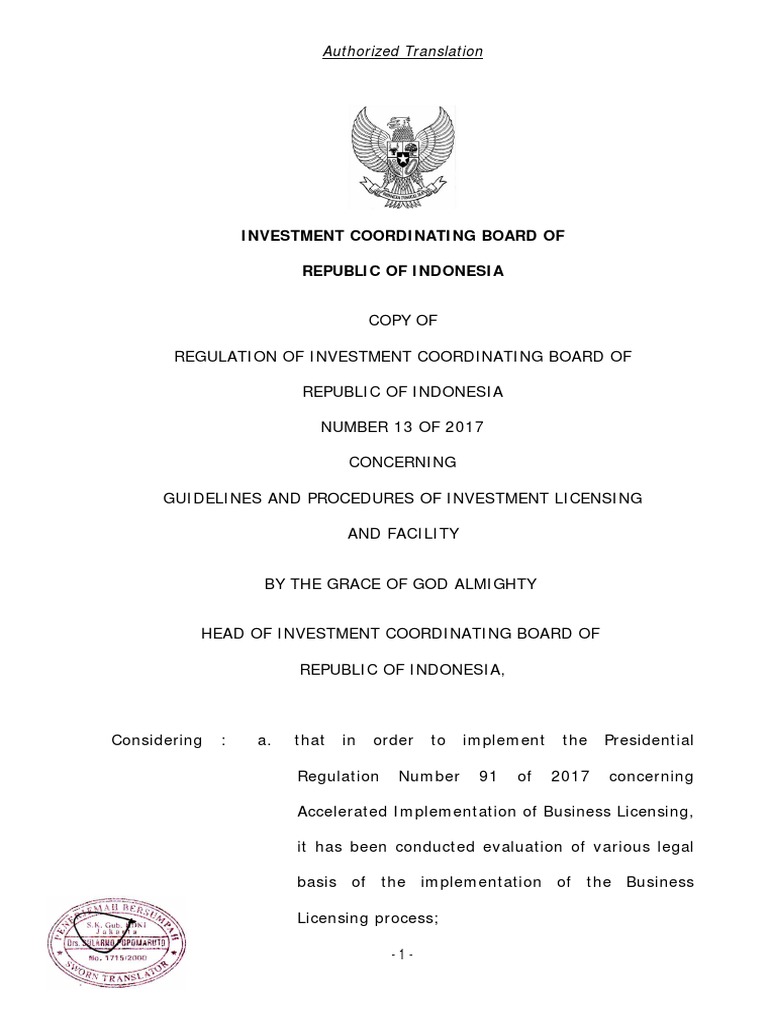 BKPM Chairman Regulation Number 13 2017 | PDF | Joint Venture | Tax Exemption