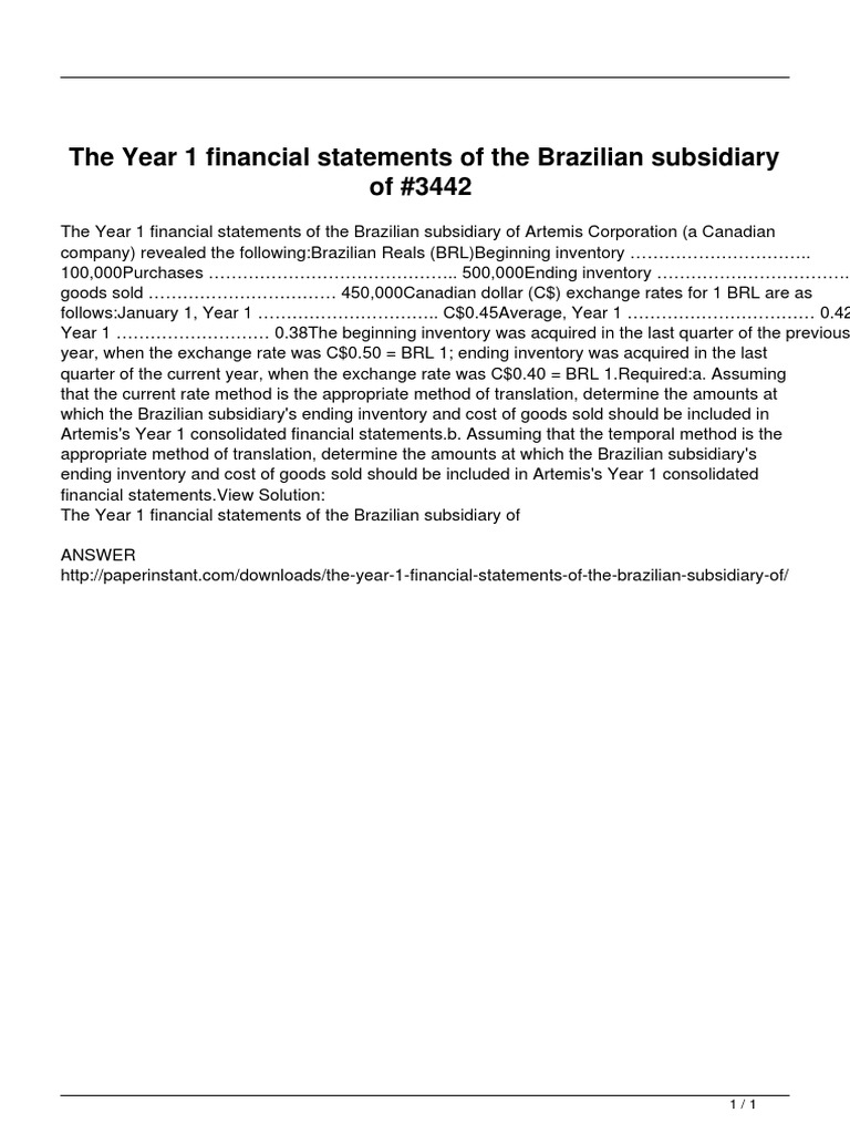 The Year 1 Financial Statements of The Brazilian Subsidiary of | PDF