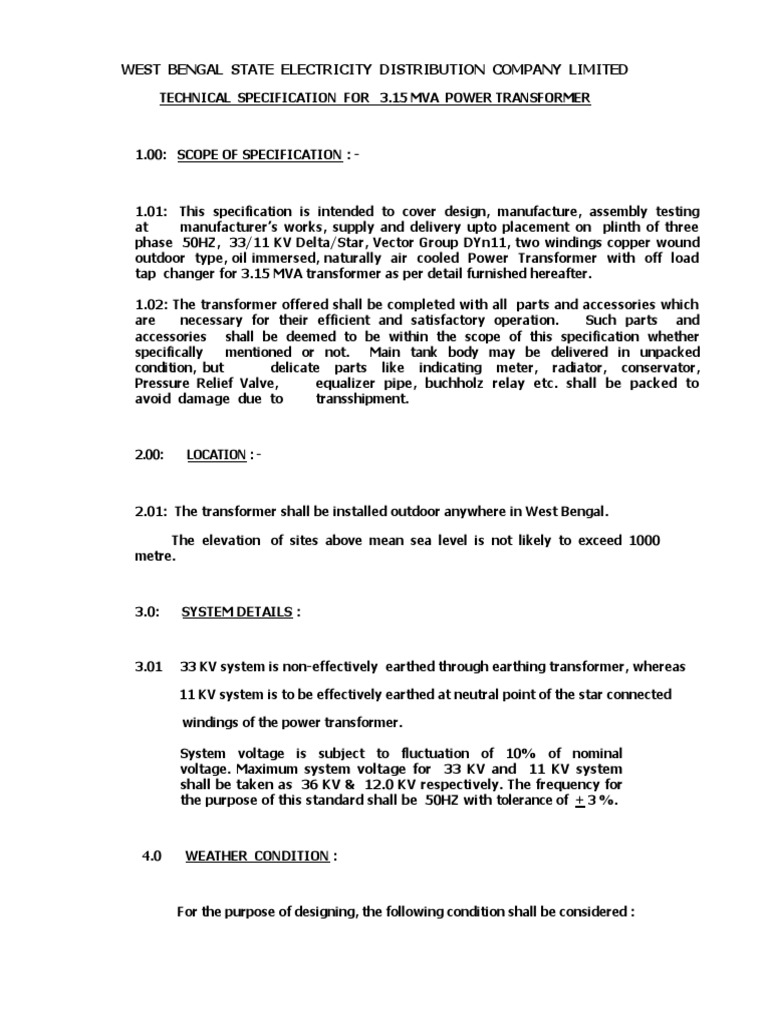 Technical Specification of 3.15 MVA, 33-11 KV, POWER TRANSFORMER With ...