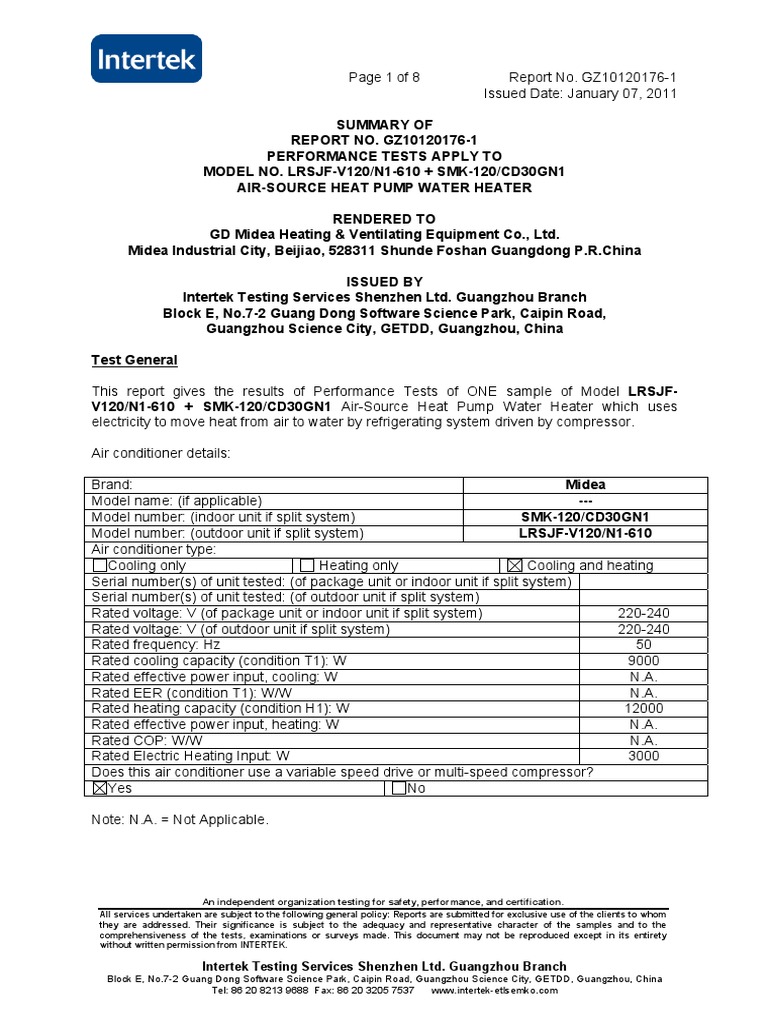 M Thermal Intertek Report 12kw | PDF | Heat Pump | Air Conditioning