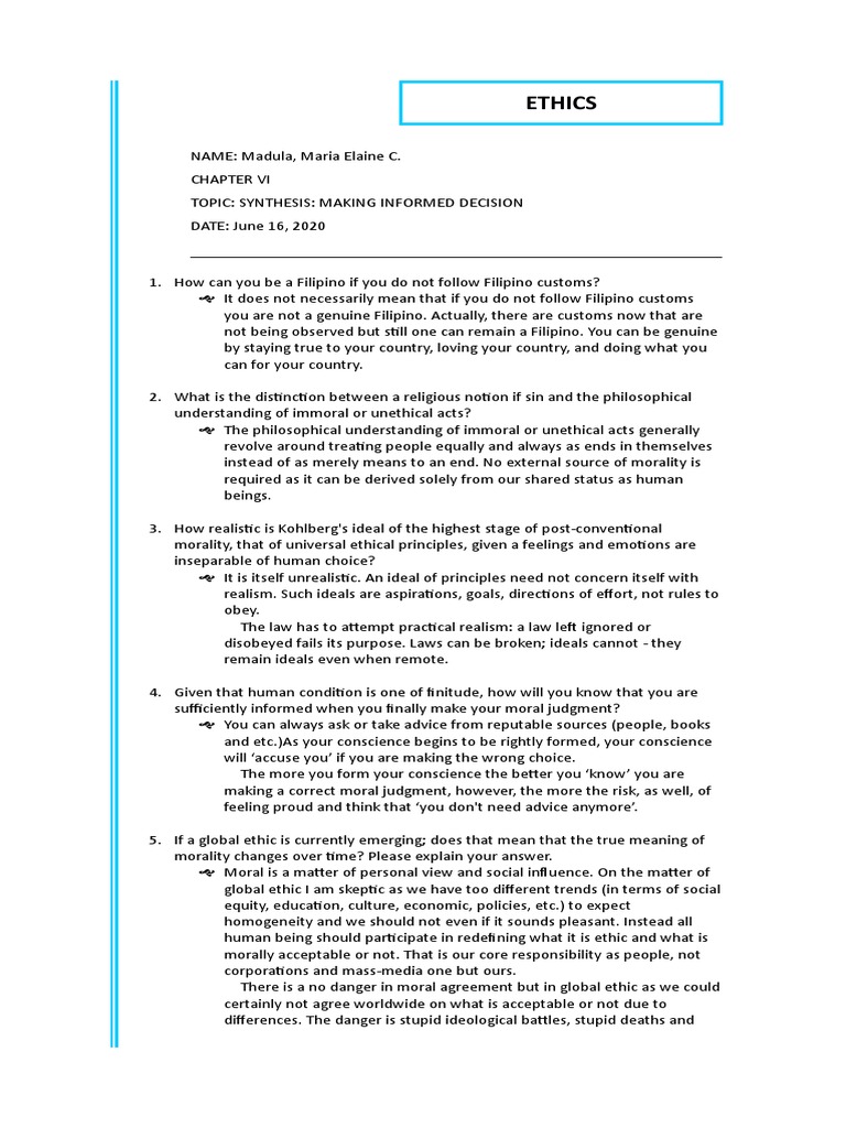 Chapter VI - Answers - MADULA - ELAINE (Ethics) | PDF | Conscience | Morality