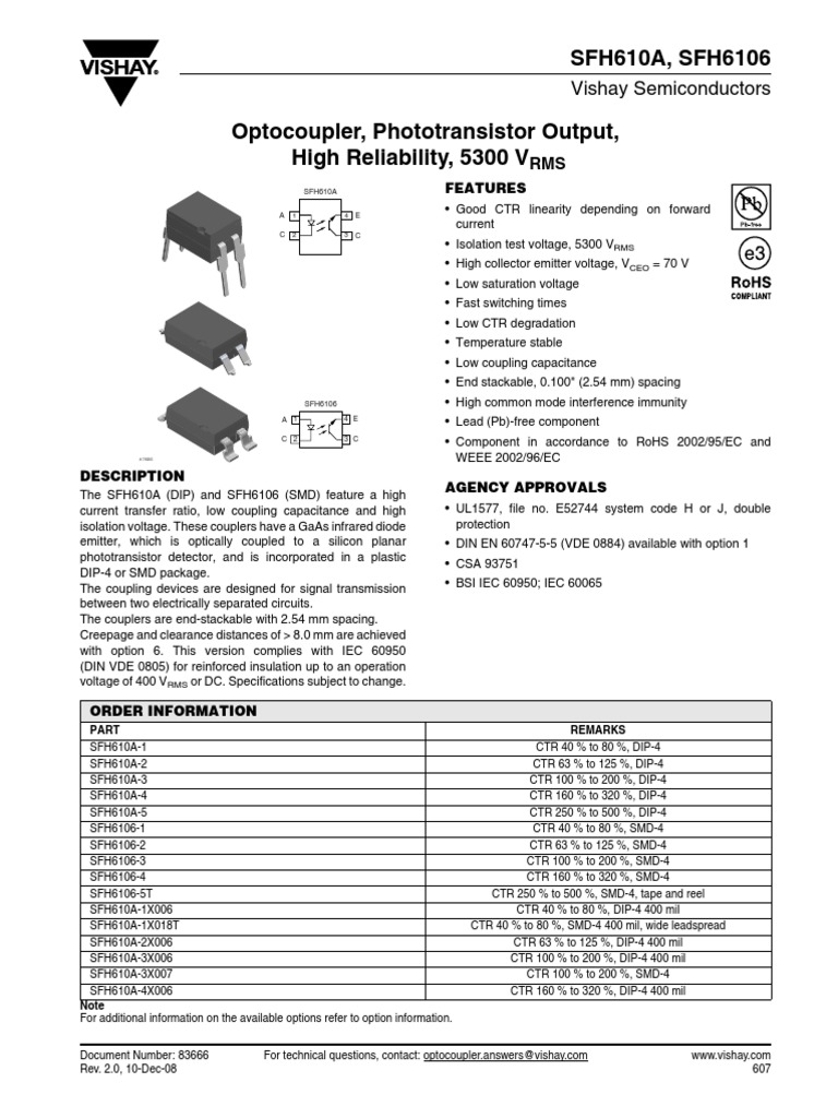 SFH610A, SFH6106: Vishay Semiconductors | PDF | Electrical Components | Electrical Engineering