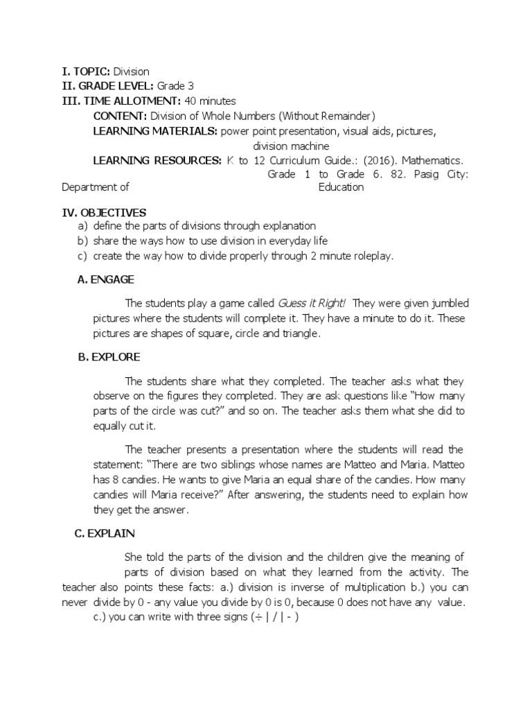 Lesson Plan in Grade 3: Division | PDF | Lesson Plan | Teachers