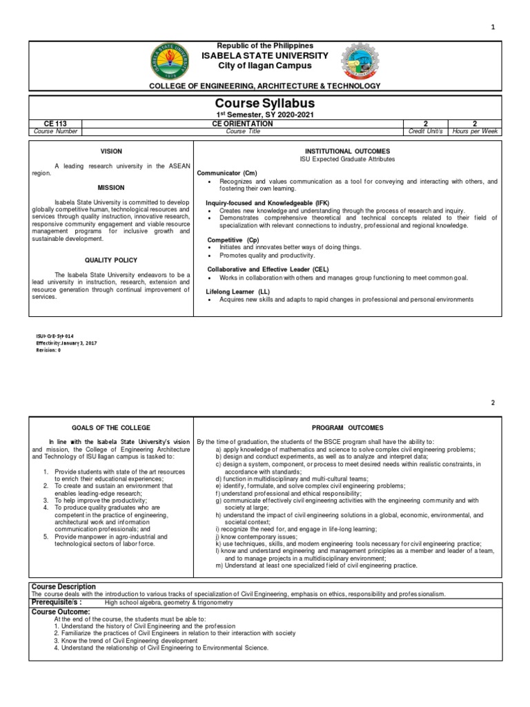 CE 113 CIVIL-ENGINEERING-ORIENTATION-syllabus | PDF | Engineering ...