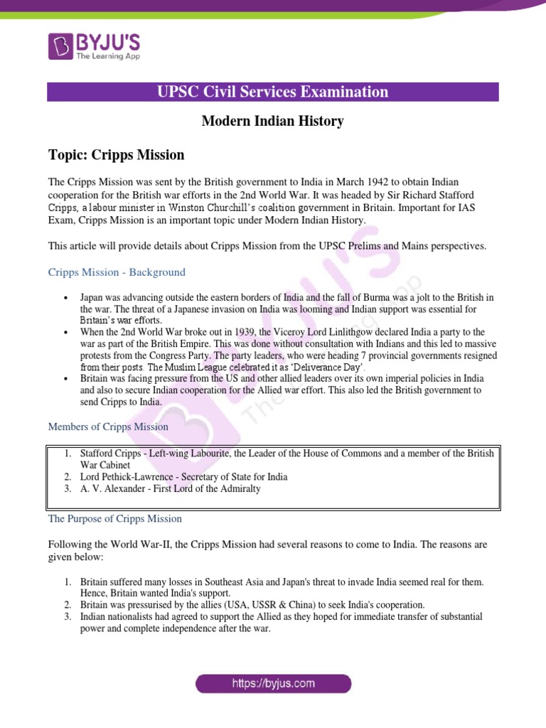 UPSC Civil Services Examination: Modern Indian History Topic: Cripps ...