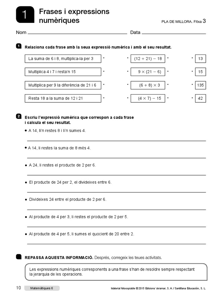 Fitxa 03 - Frases I Expressions Numèriques - 6prim | PDF