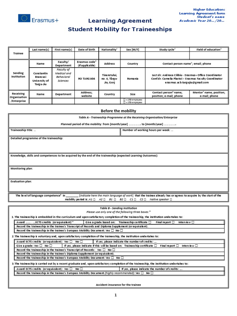 Erasmus+ Traineeship Learning Agreement | PDF | Academic Degree