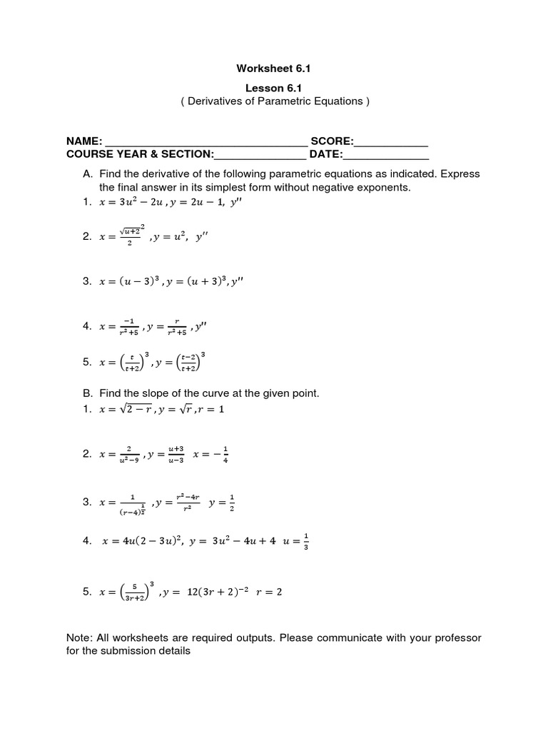 Dic 201 Derivatives of Parametric Equations Worksheet 6 | PDF