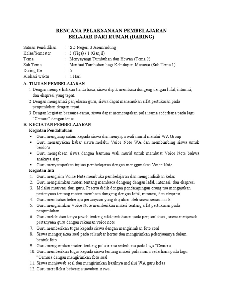 RPP Daring Kelas 3 Tema 2 | PDF