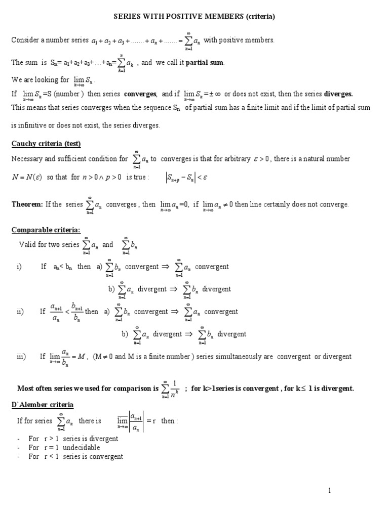 1.SERIES WITH POSITIVE MEMBERS - Criteria | PDF | Series (Mathematics ...