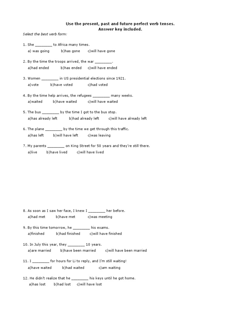 Use The Present, Past and Future Perfect Verb Tenses. Answer Key ...