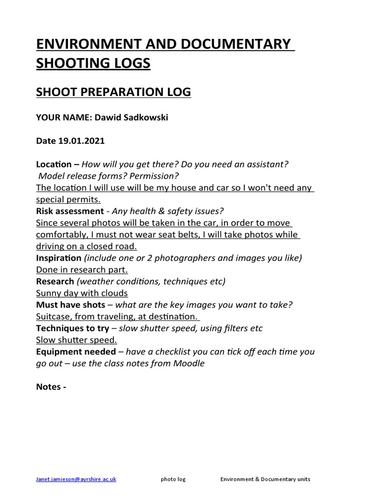 Shooting Log Template | PDF | Camera | Optical Devices