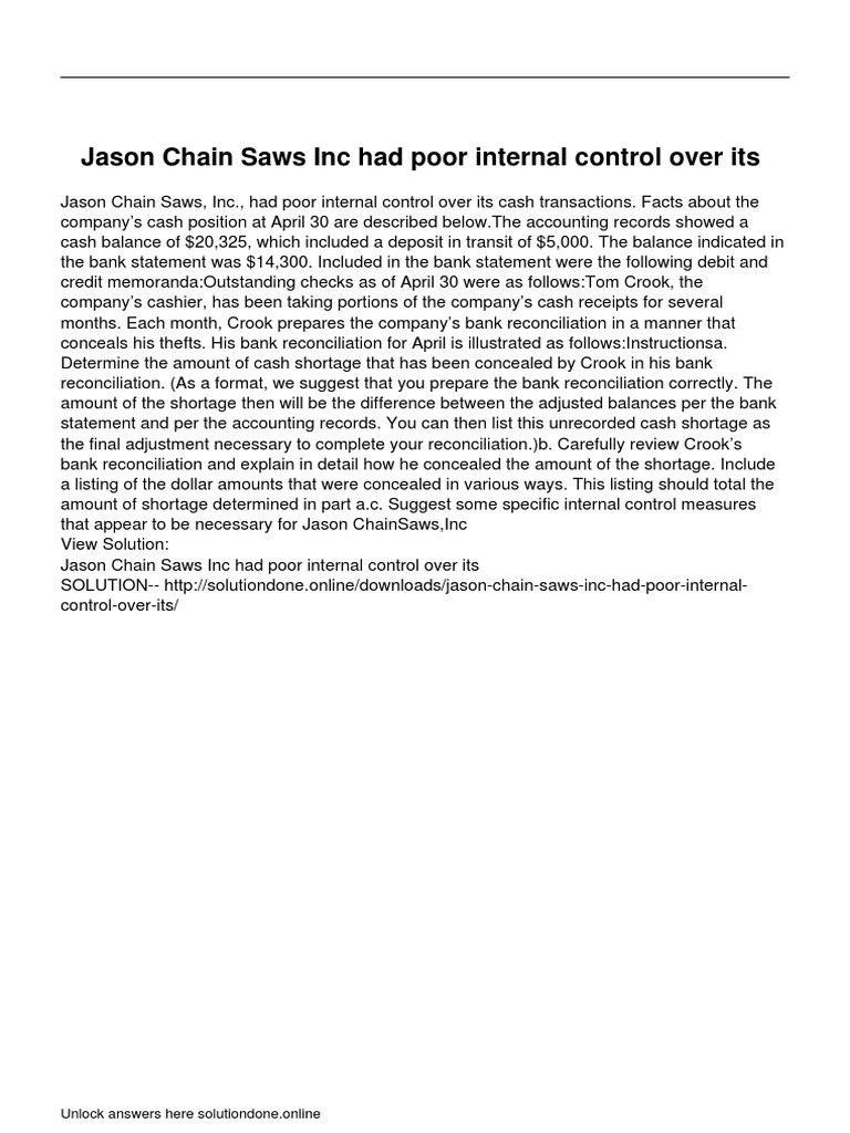 Jason Chain Saws Inc Had Poor Internal Control Over Its | Download Free ...
