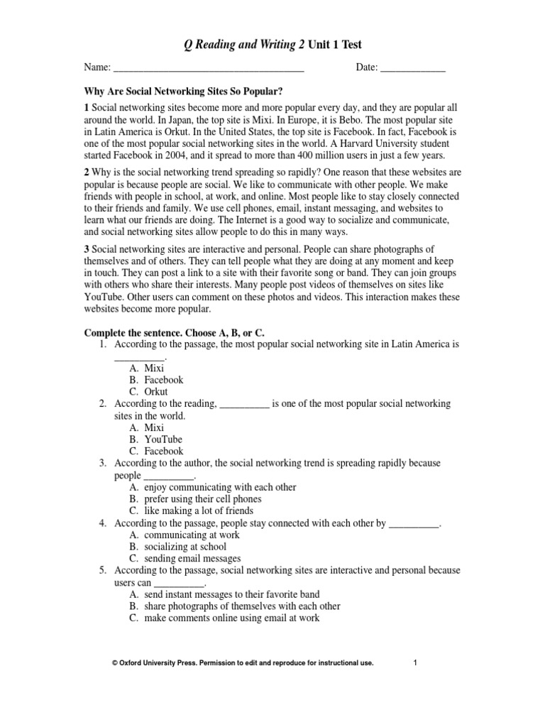 Q Reading and Writing 2 Unit 1 Test: © Oxford University Press ...