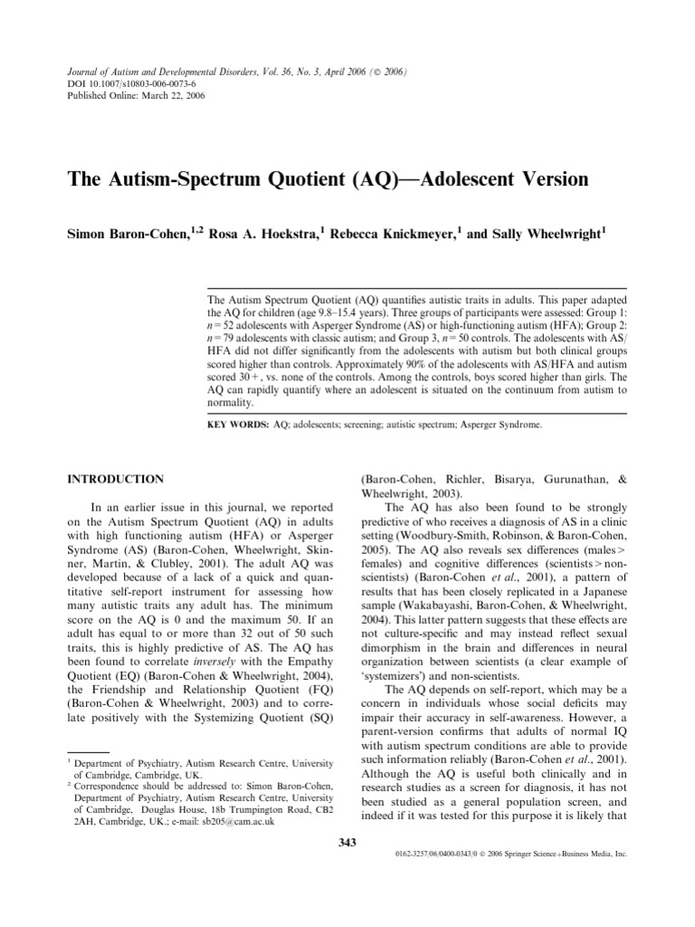 The Autism-Spectrum Quotient (AQ) - Adolescent Version | PDF | Asperger ...