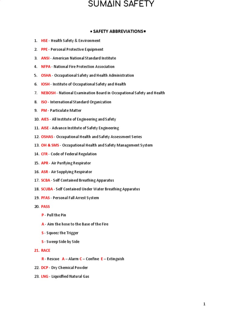 Safety Abbreviation | PDF | Safety | Occupational Safety And Health