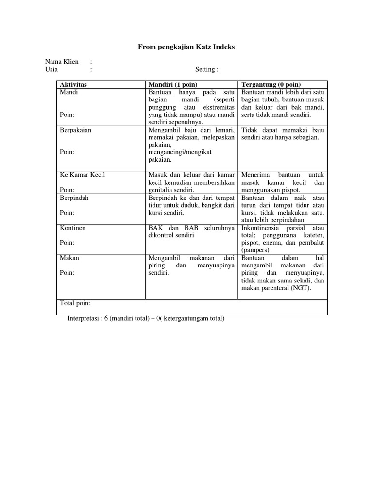 Format Pengkajian Katz Indeks | PDF