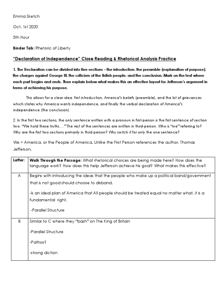 Declaration of Independence Close Reading Amp | PDF | United States ...