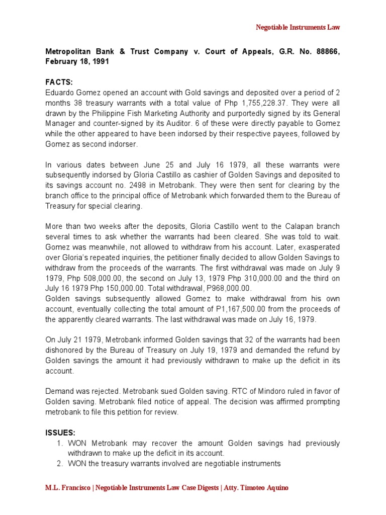 Negotiable Instruments Case Digest | PDF | Negotiable Instrument | Cheque