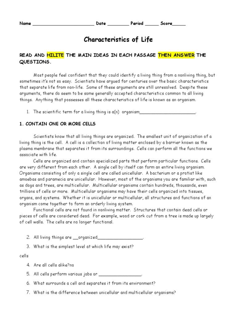 Characteristic of Life Reading and Questions | PDF | Reproduction ...