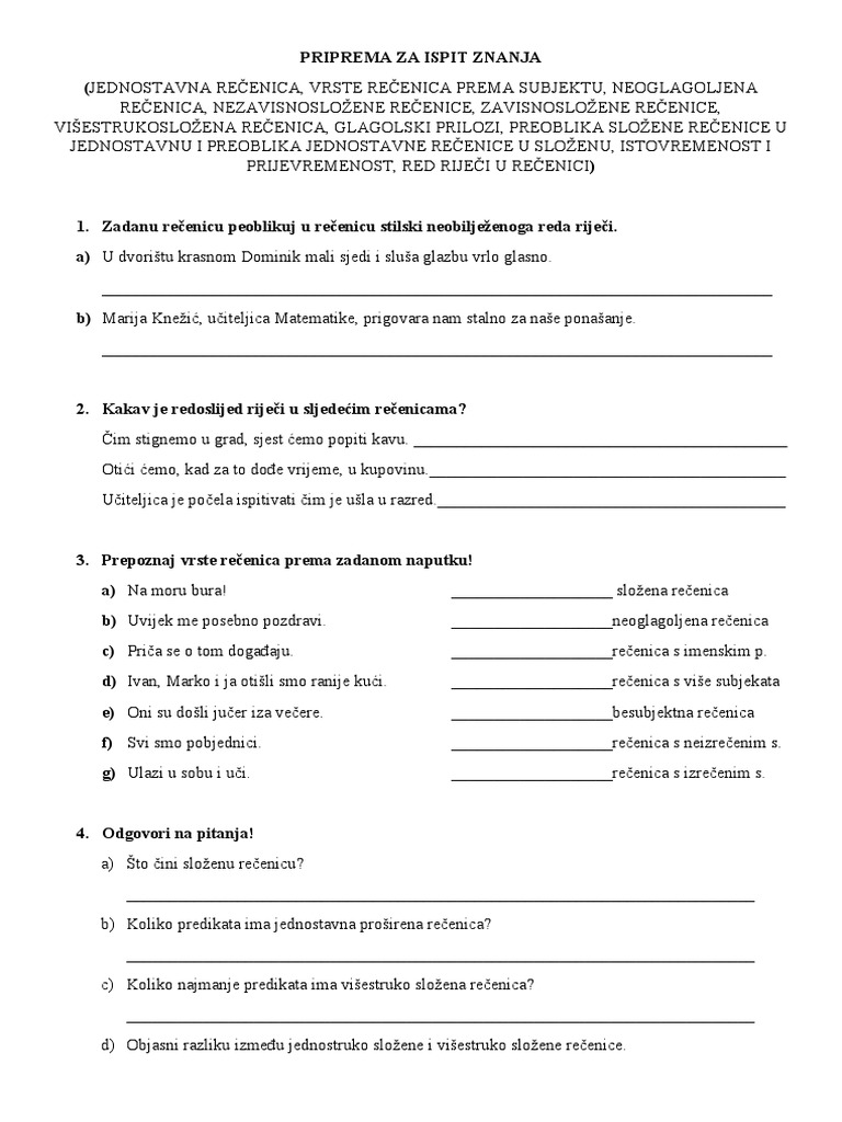 PRIPREMA ZA ISPIT ZNANJA 8.r (Recenica) | PDF