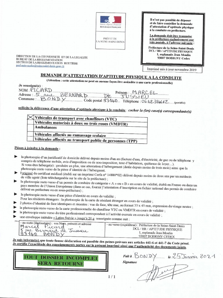 Demande D' Atestation D' Aptitude Physique Pour La Conduite Des VTC | PDF