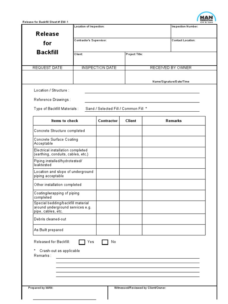 Release For Backfill: Items To Check Contractor Client Remarks | PDF