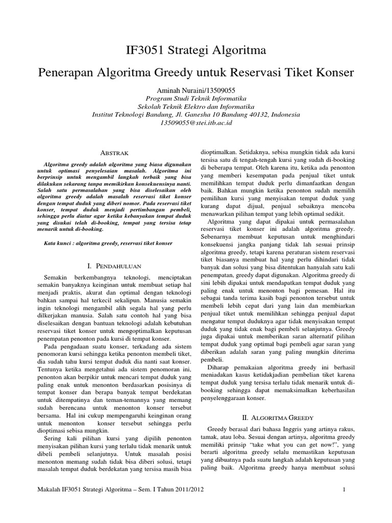 IF3051 Strategi Algoritma Penerapan Algoritma Greedy Untuk Reservasi Tiket Konser | PDF