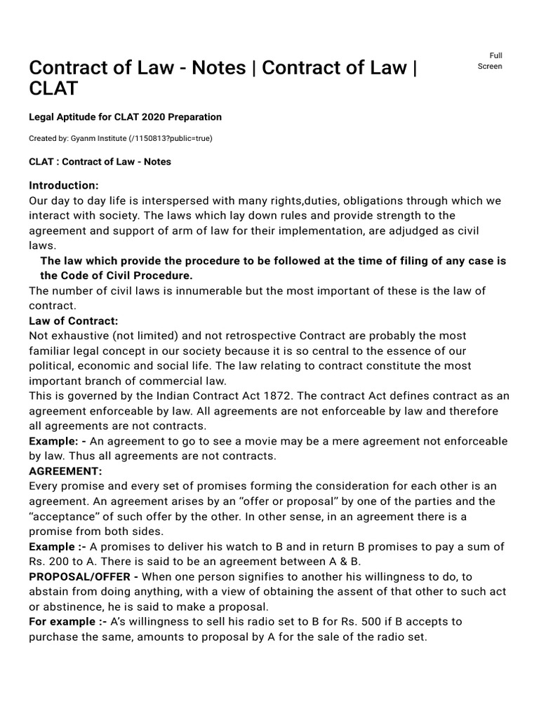 Contract of Law - Notes CLAT Notes | PDF | Offer And Acceptance ...