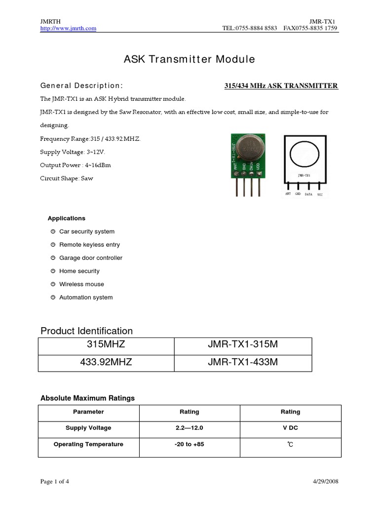 ASK Transmitter Module: Product Identification 315MHZ JMR-TX1-315M 433 ...