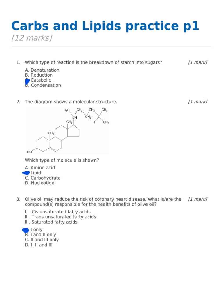 Carbs and Lipids Practice p1: (12 Marks) | PDF | Fat | Fatty Acid