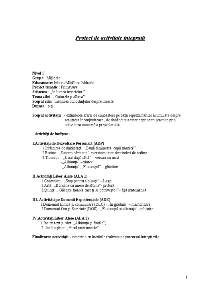 Proiect de Activitate Integrata | PDF