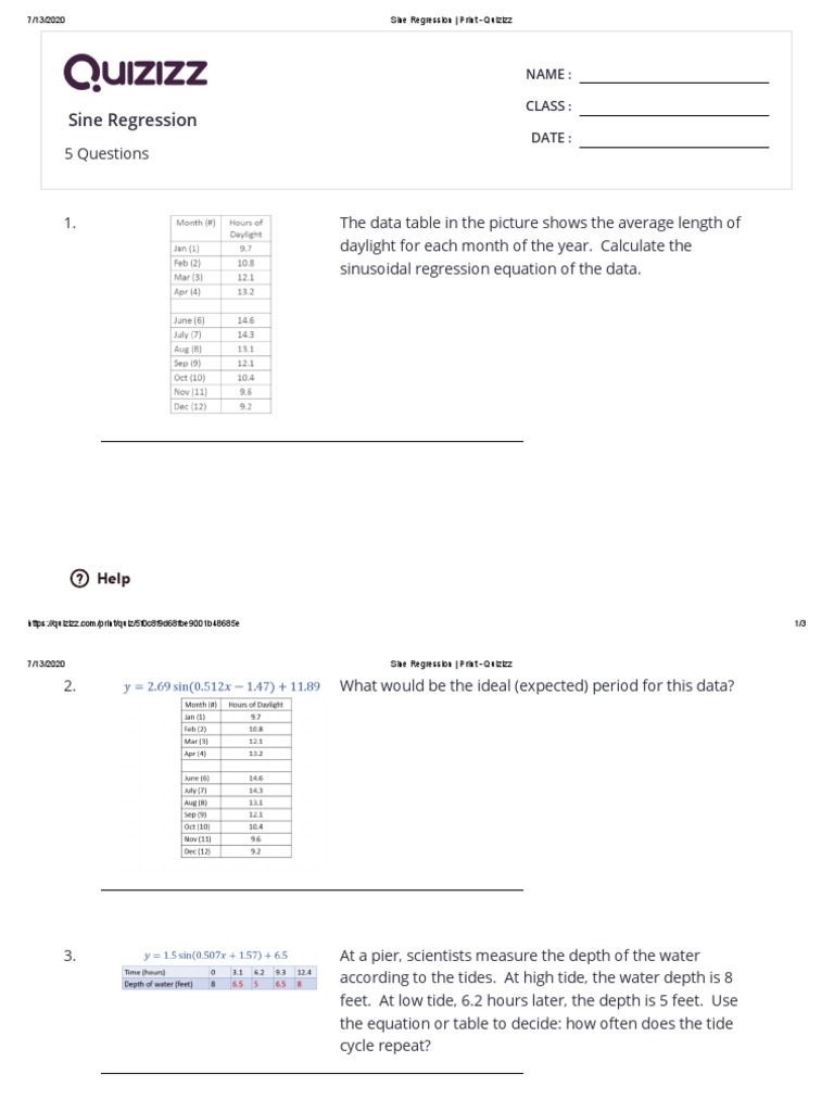 Sine Regression Quiz | PDF | Tide | Regression Analysis