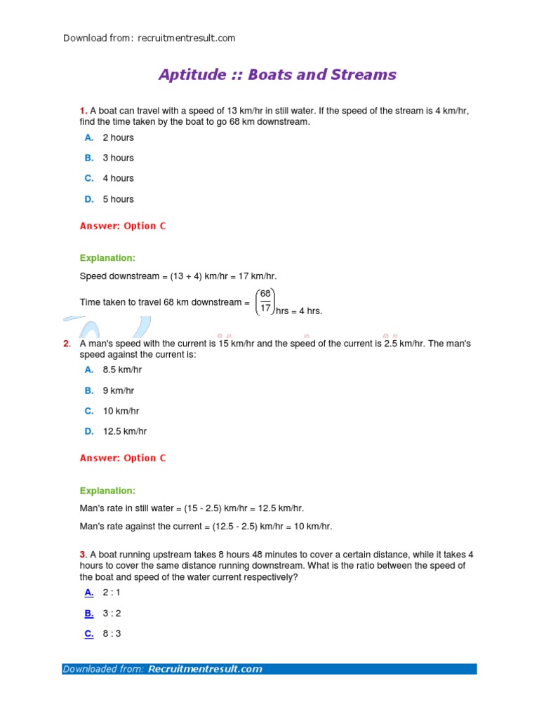 Aptitude:: Boats and Streams: A. B. C. D | PDF | Speed | Metrology