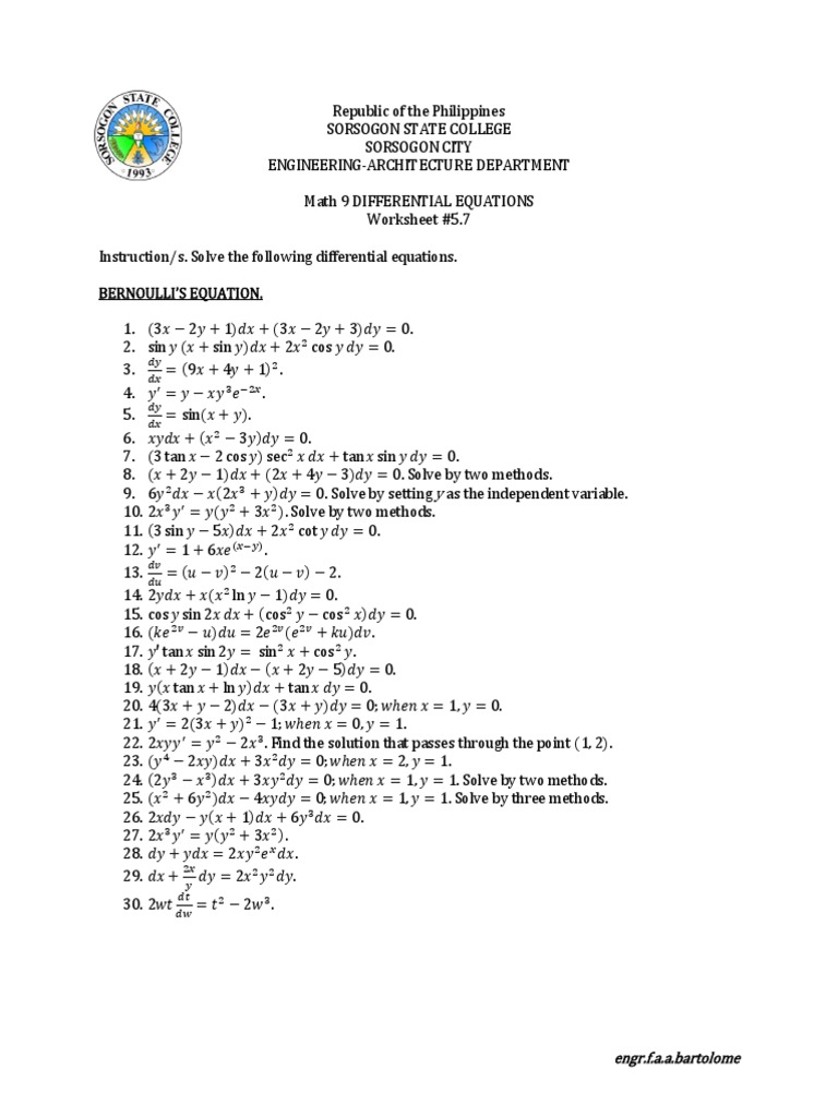 Differential Equations Worksheet 5.7 | PDF