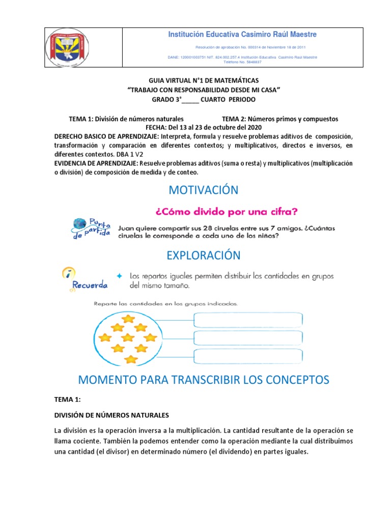 Guia 1 Matemáticas 3º Division | PDF | División (Matemáticas) | Álgebra ...