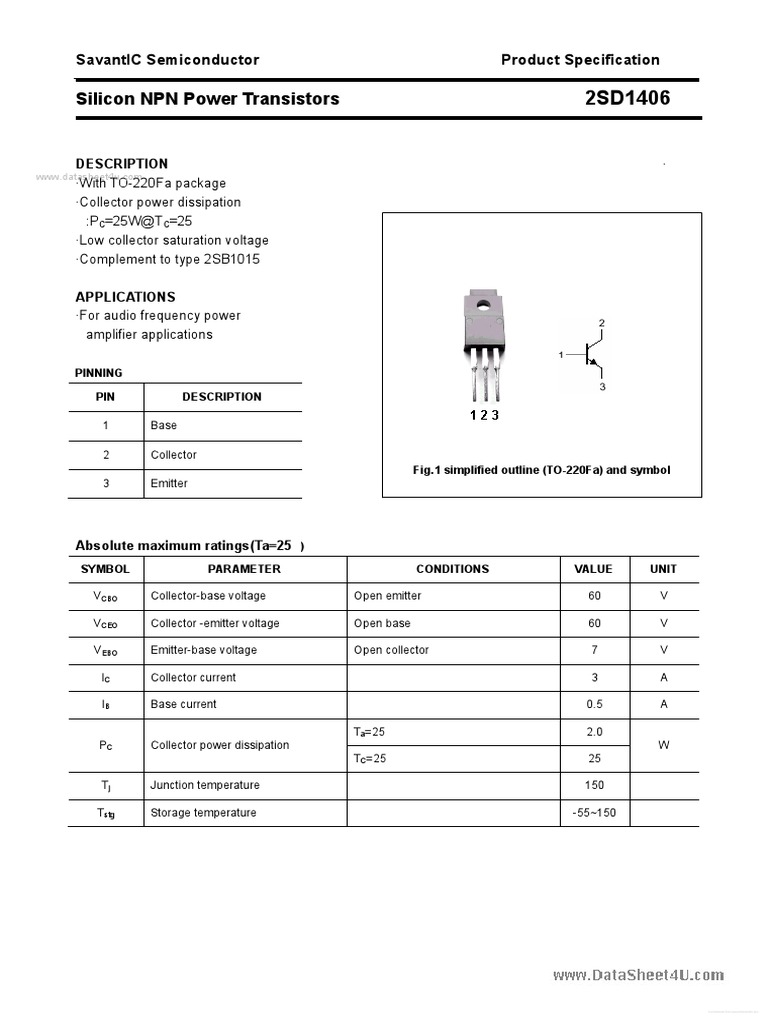 Transistor D1406-SavantIC | PDF | Bipolar Junction Transistor | Transistor