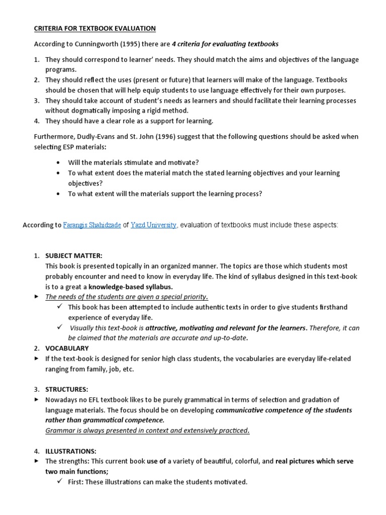 Criteria For Textbook Evaluation | PDF | Textbook | Books
