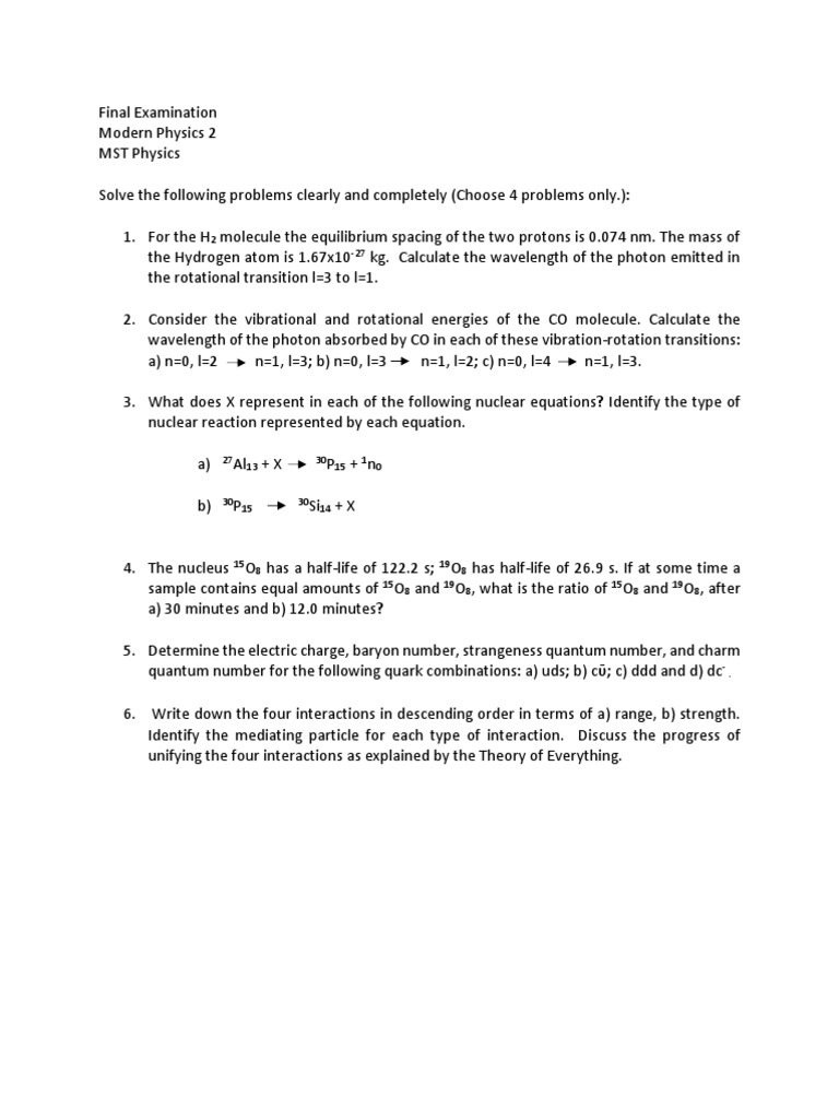 Modern Physics 2 Final Exam Problems | PDF