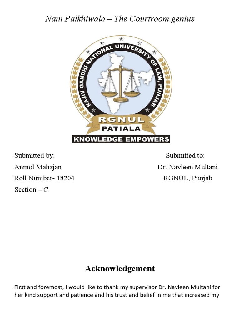 Nani Palkhiwala - The Courtroom Genius: Acknowledgement | PDF