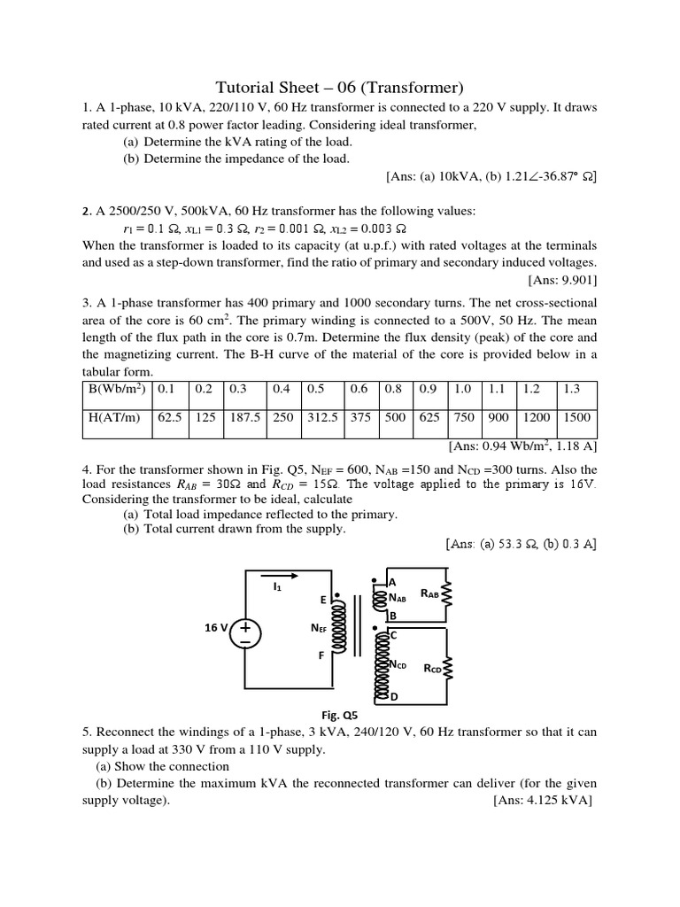 Tutorial Sheet - 06 (Transformer) : A B E N N | PDF | Transformer ...