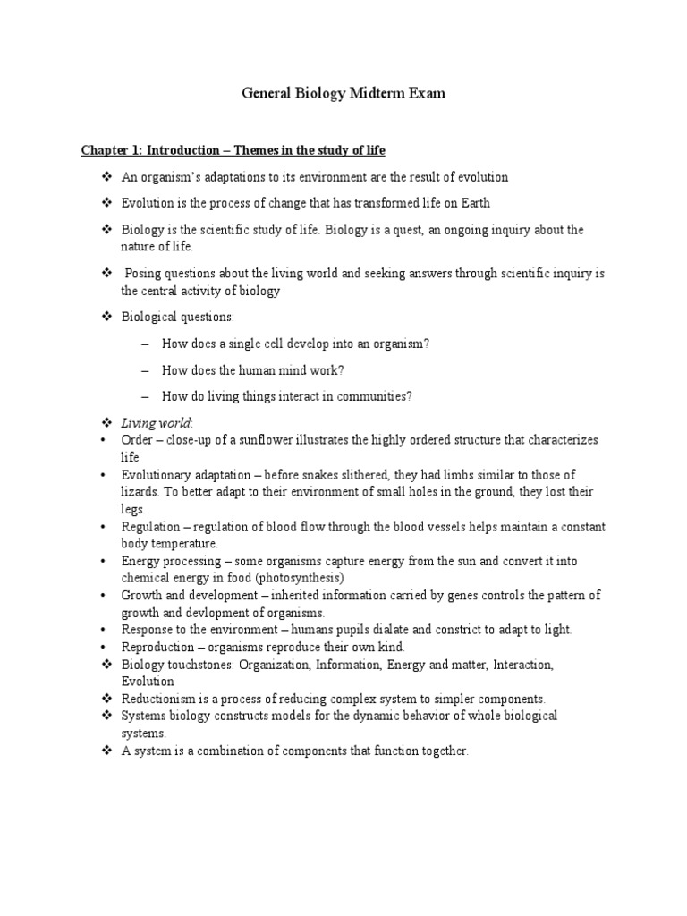 General Biology Midterm Exam: Chapter 1: Introduction - Themes in The ...