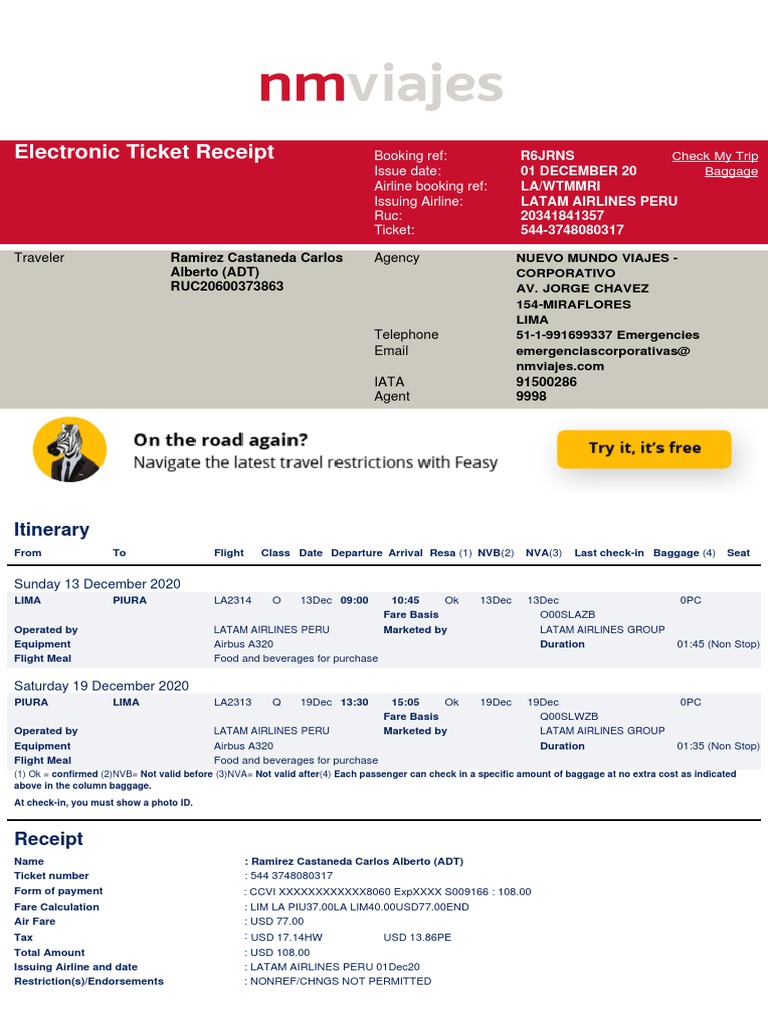 LATAM Airlines Electronic Ticket Receipt | PDF | Airlines | Aviation