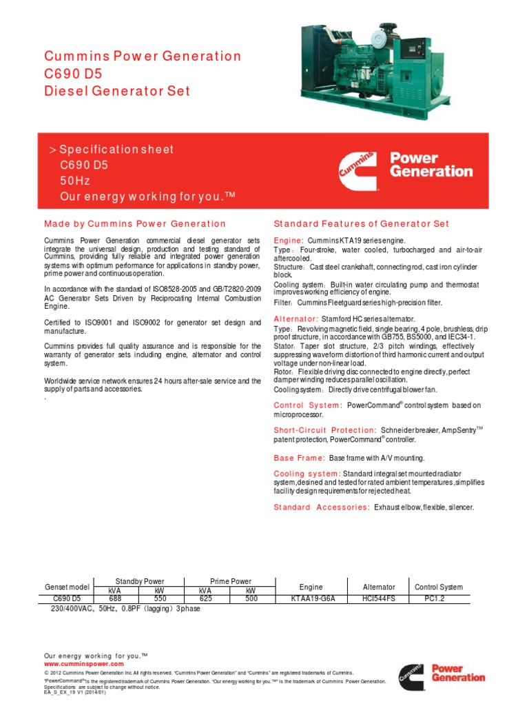 Cummins Power Generation C690 D5 Diesel Generator Set: Specification ...