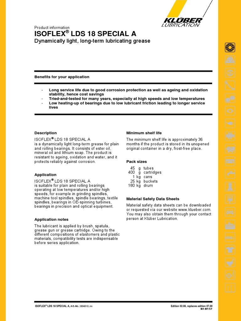 Kluber - 50C Pour VSNU Isoflex LDS 18 Special A | PDF | Bearing ...