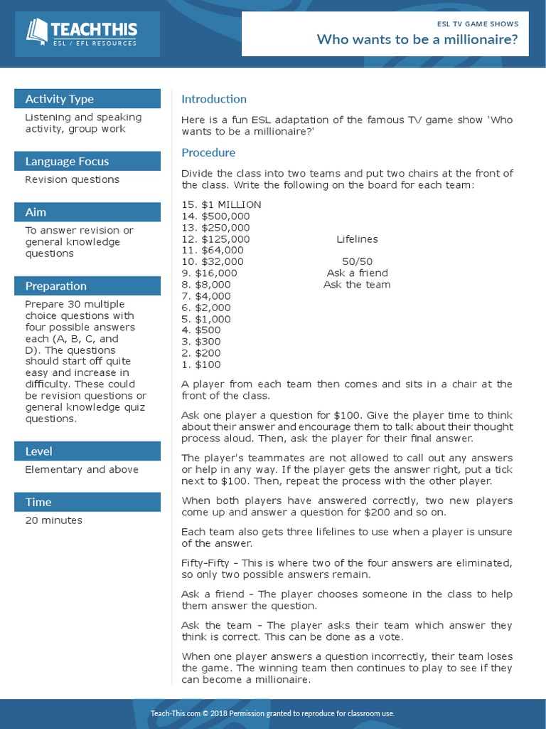 Who Wants To Be A Millionaire | PDF | English As A Second Or Foreign ...