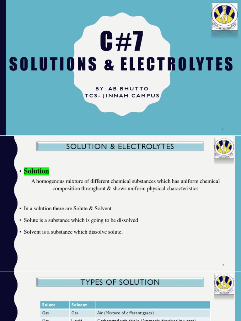 CH 7 Solution & Electrolytes Updated | PDF | Electrolyte | Acid