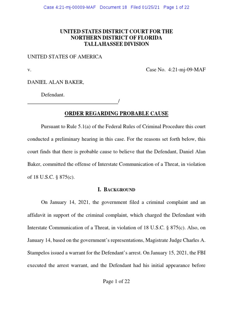 Daniel Baker Order Probable Cause | PDF | First Amendment To The United ...