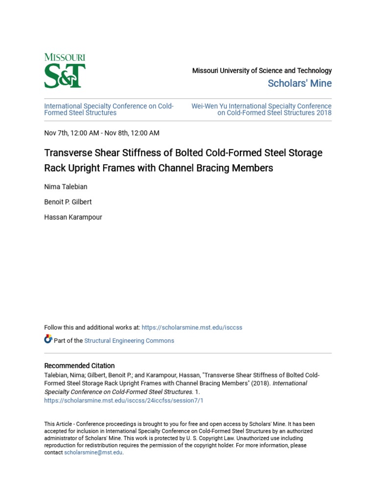 Transverse Shear Stiffness of Bolted Cold-Formed SSR Upright Frames ...