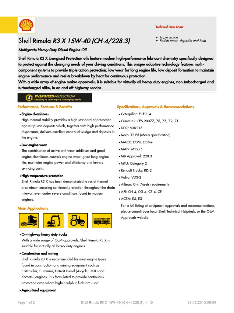 Shell Rimula R3 X 15W-40 (CH-4/228.3) : Performance, Features ...